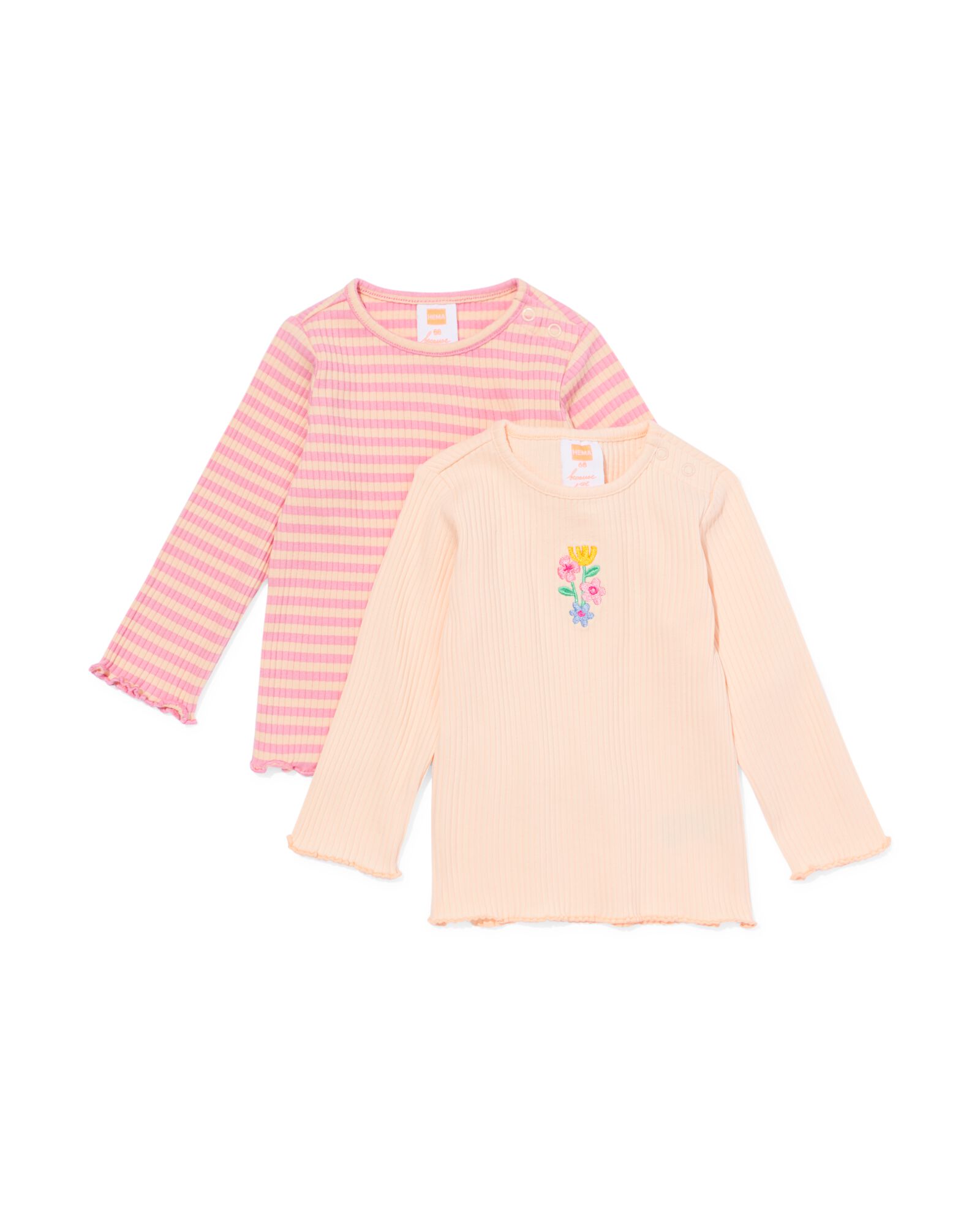 Baby-T-Shirt gerippt, gestreift – 2 Stück rosa - HEMA